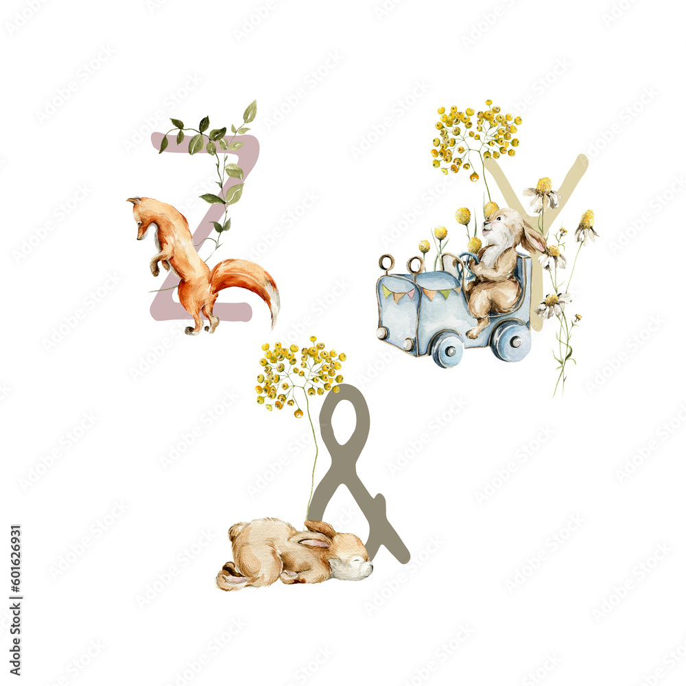 Watercolor cute woodland alphabet. Hand painted baby letters, numbers ...