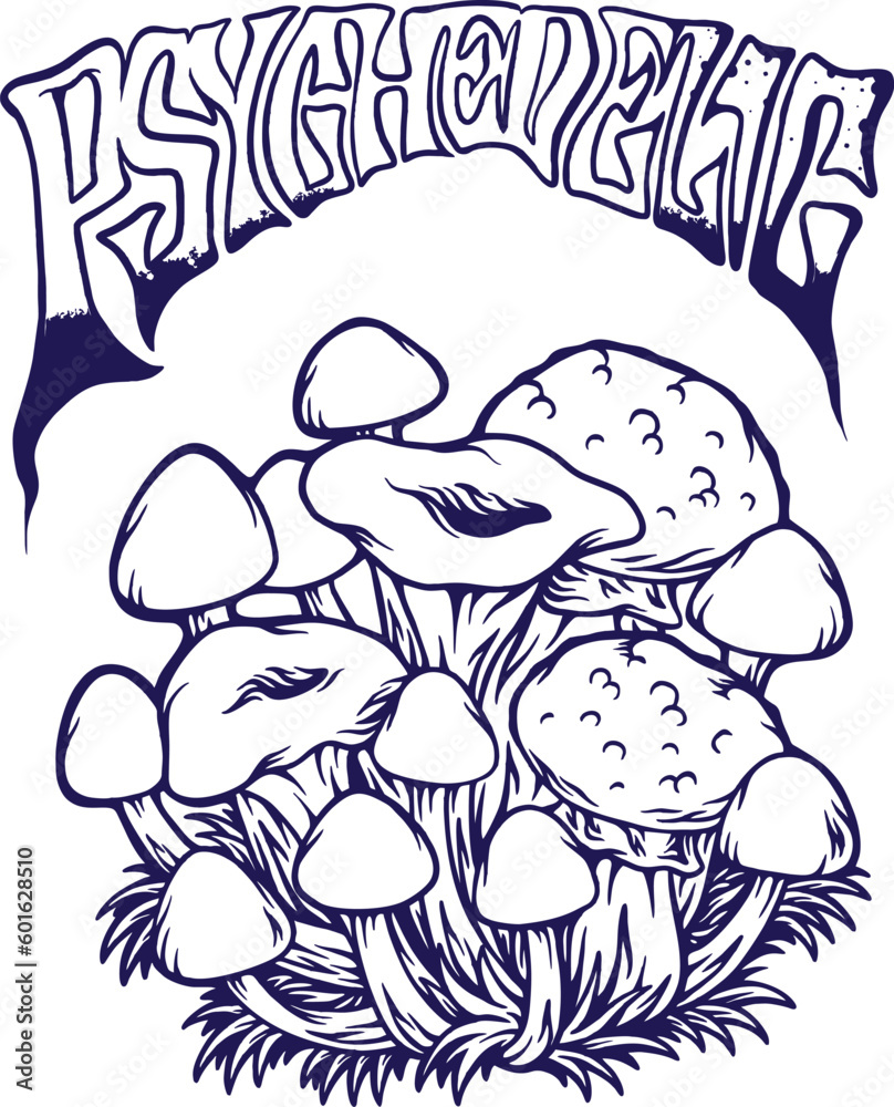 Psychedelic words hand lettering with magic mushrooms outline vector ...