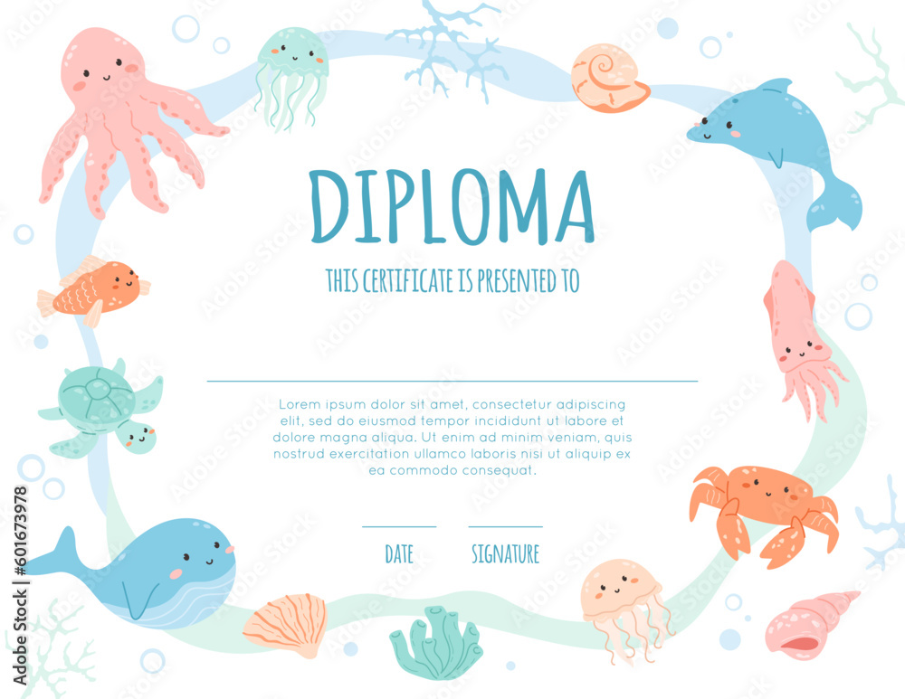 Diploma for kids with cute aquatic animals. School, preschool ...