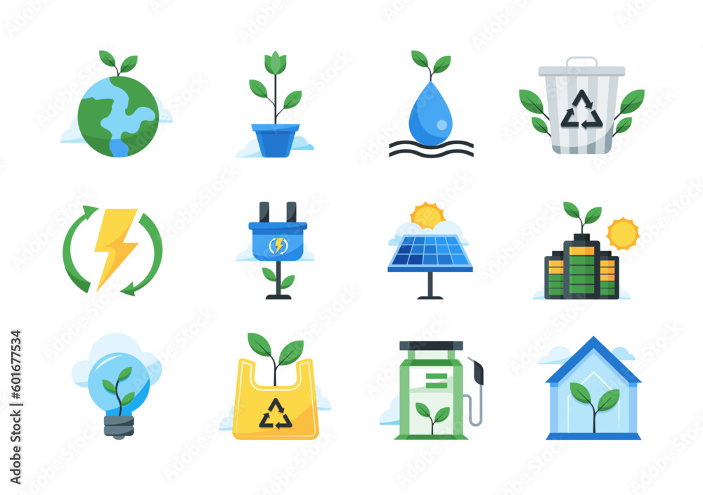 Environment icon set. Ecology, renewable energy, solar panel, battery ...