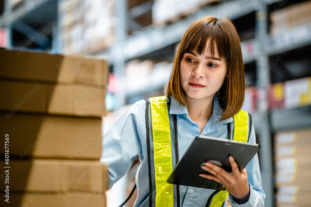 Women warehouse worker using digital tablets to check the stock ...