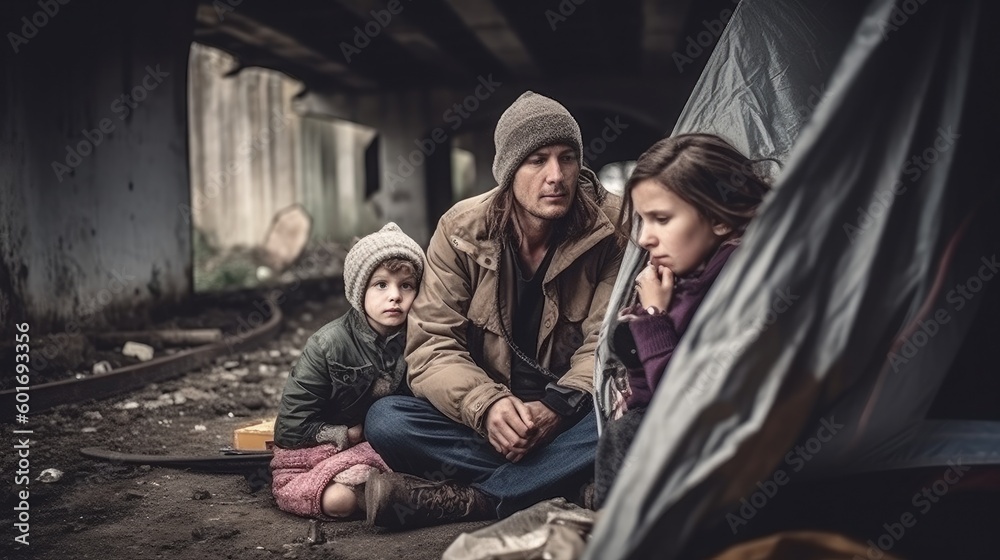 Lonely homeless family living under bridge in tent, dirty tramps was ...
