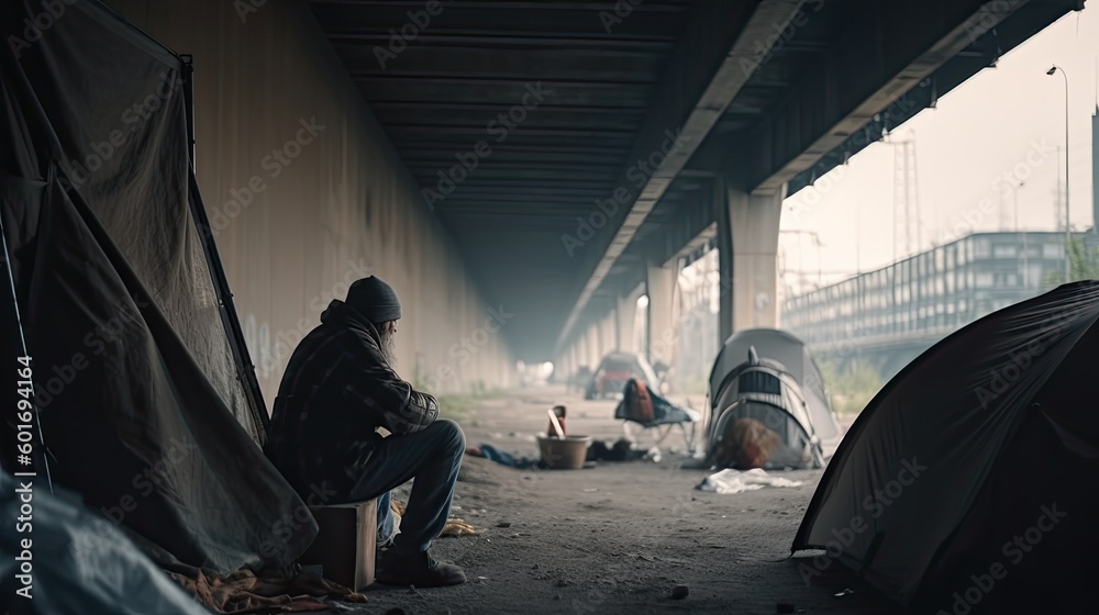 Lonely homeless man living under bridge in tent, dirty tramp was ...