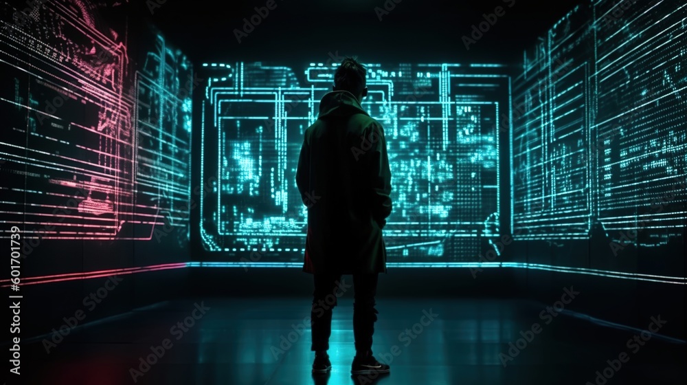 Computer hacker in hoodie with matrix code instead his face on blue digital background. Data ...