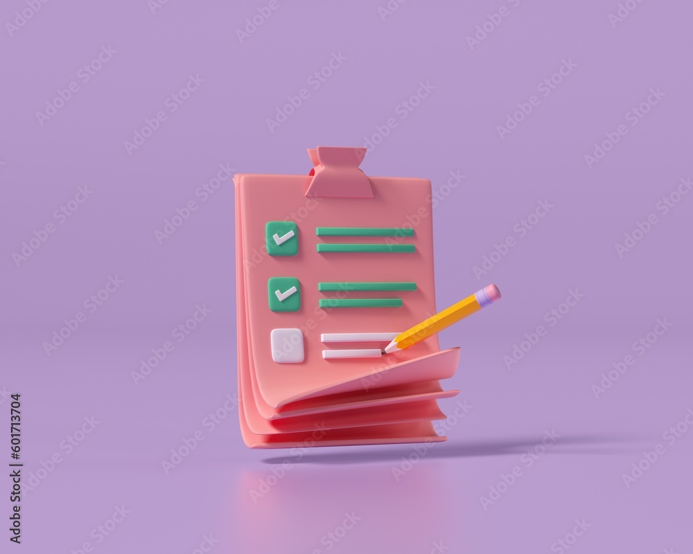 Checklist with pencils on purple background 3D rendering illustration ...