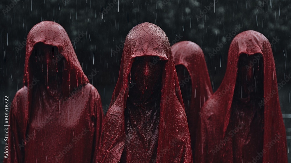 Scary figures in blood-red cloaks stand in the pouring rain, and their ...
