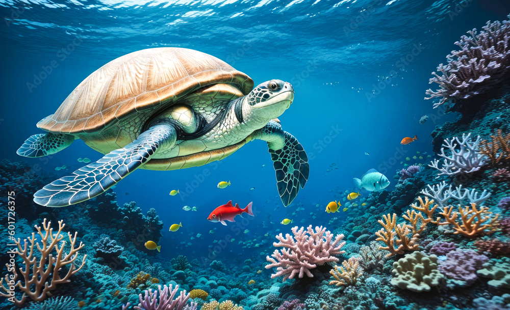 Turtle with group of colorful fish and sea animals with colorful coral ...