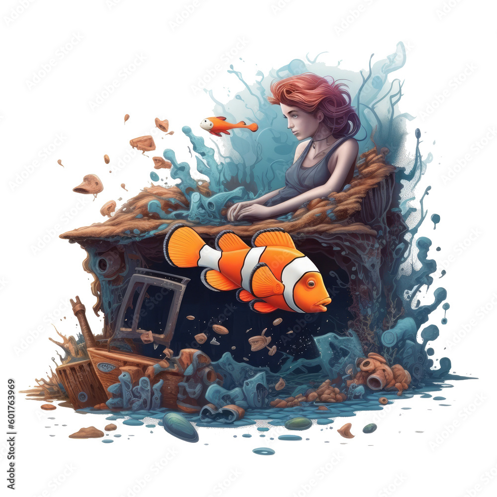 A 3D rendered image of a clownfish and a mermaid in a photorealistic ...