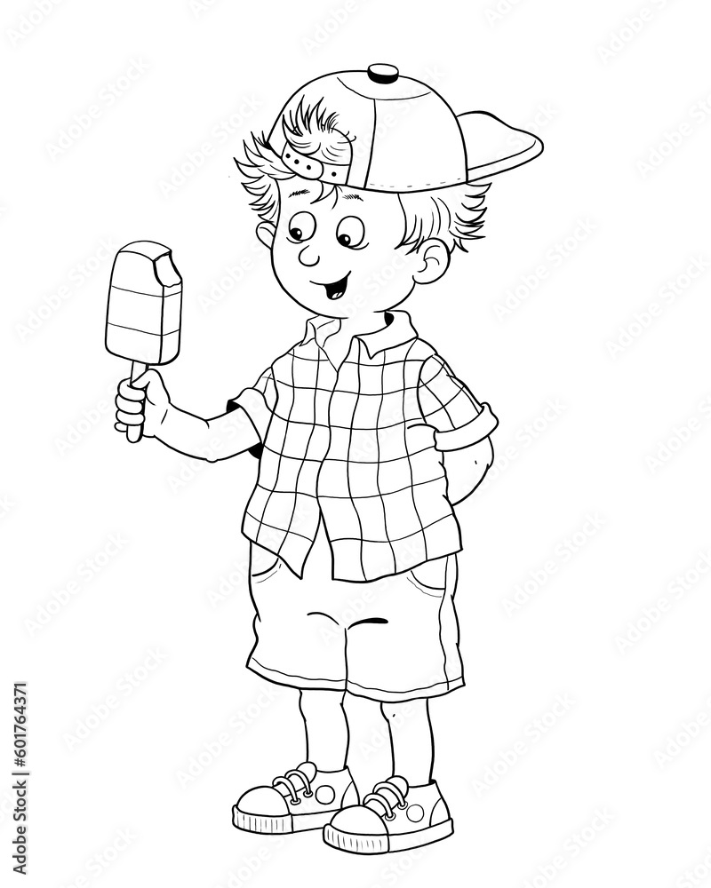 Summer. A cute boy eating ice cream. Coloring page. Illustration for ...