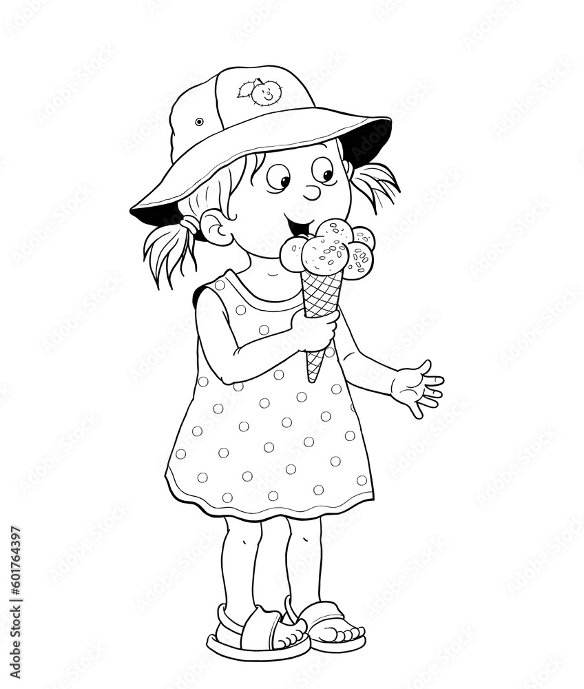 Summer. A cute girl eating ice cream. Coloring page. Illustration for ...