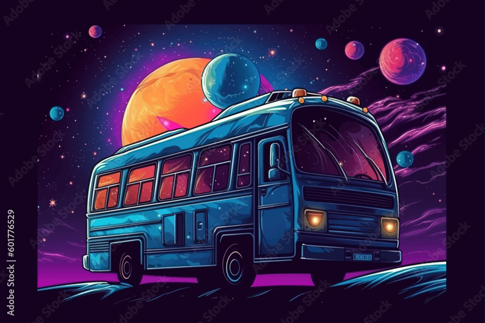 Bus on a planet in space in futuristic color palette. Space travel ...