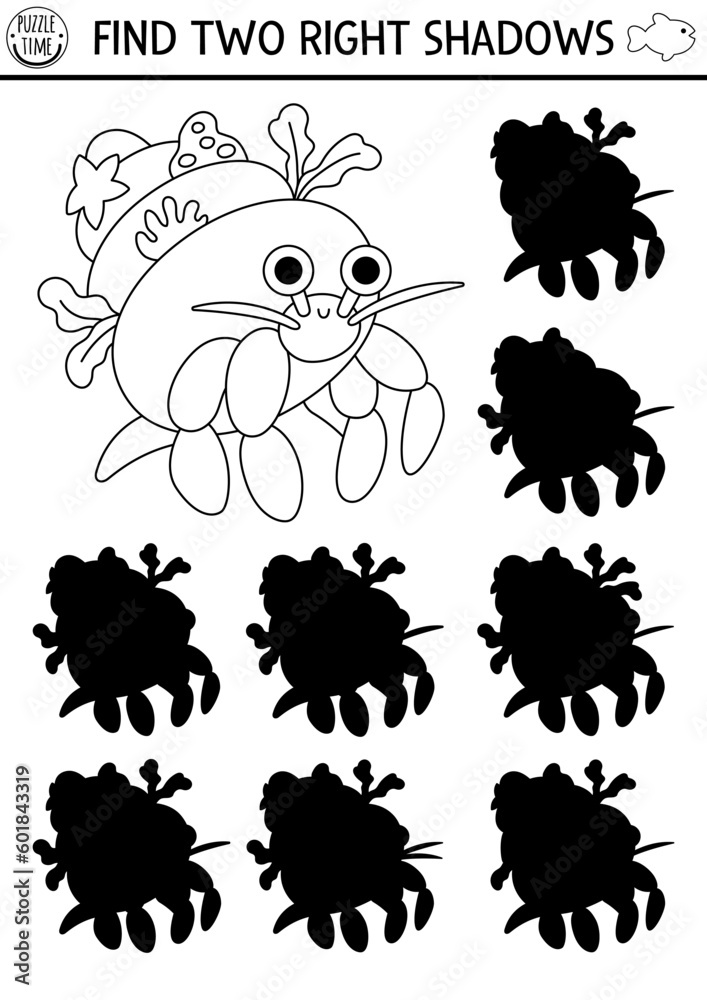 Under the sea black and white shadow matching activity. Ocean line ...