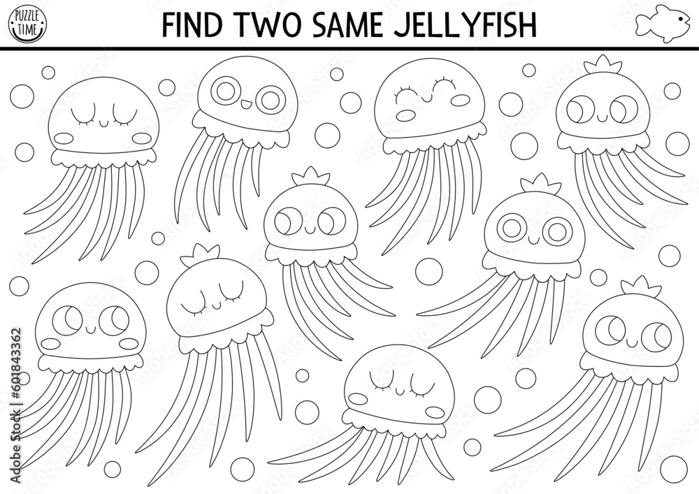 Find two same water jellyfish. Under the sea black and white matching ...