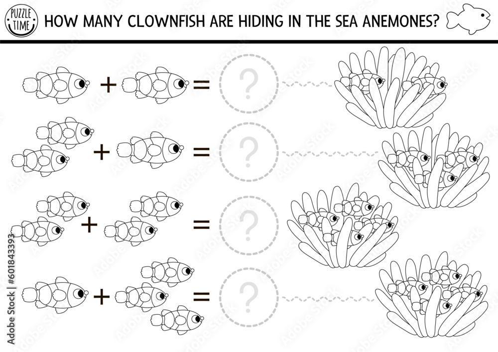 How many clownfish game. Under the sea black and white math addition ...