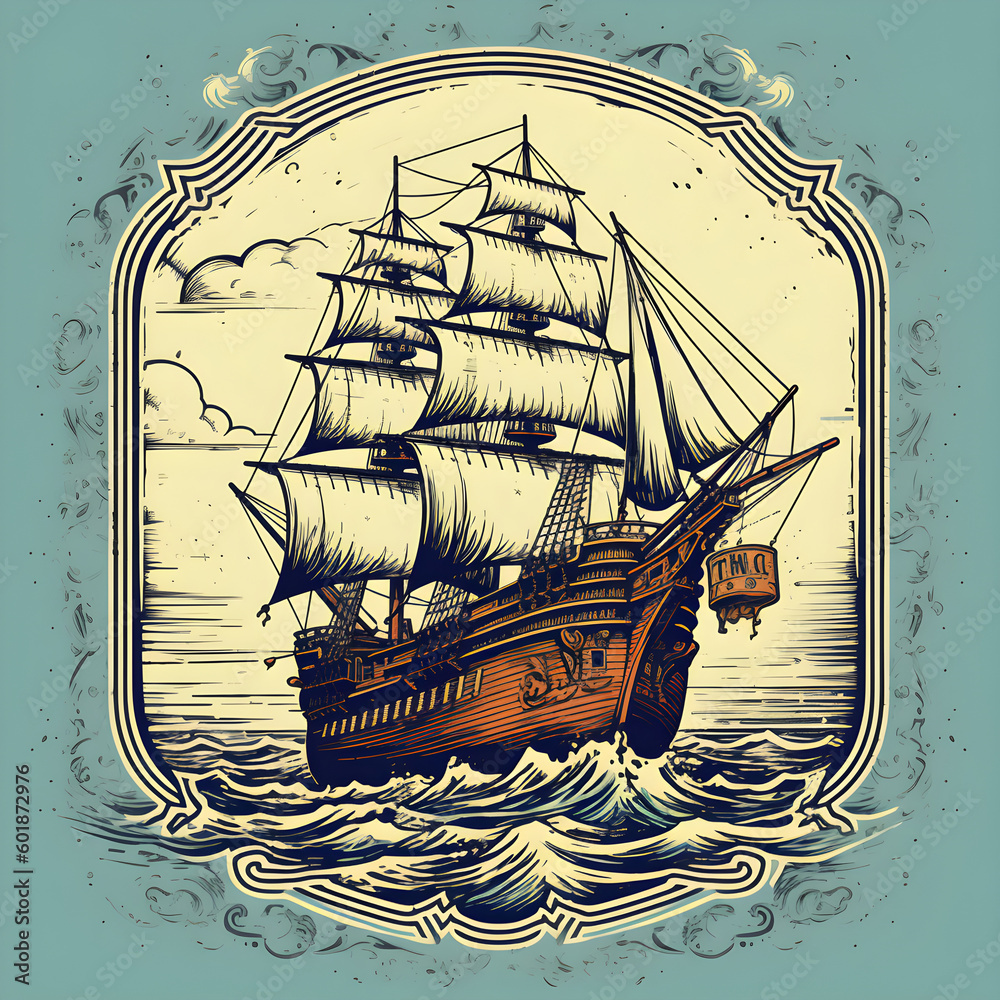 Pirate ship on sea.cannons goes to the island. Corvette or frigate with ...