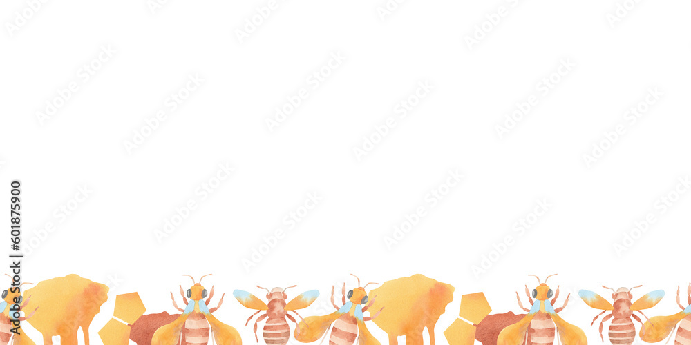 Watercolor bee with honeycomb, honey banner illustration - hand drawn ...