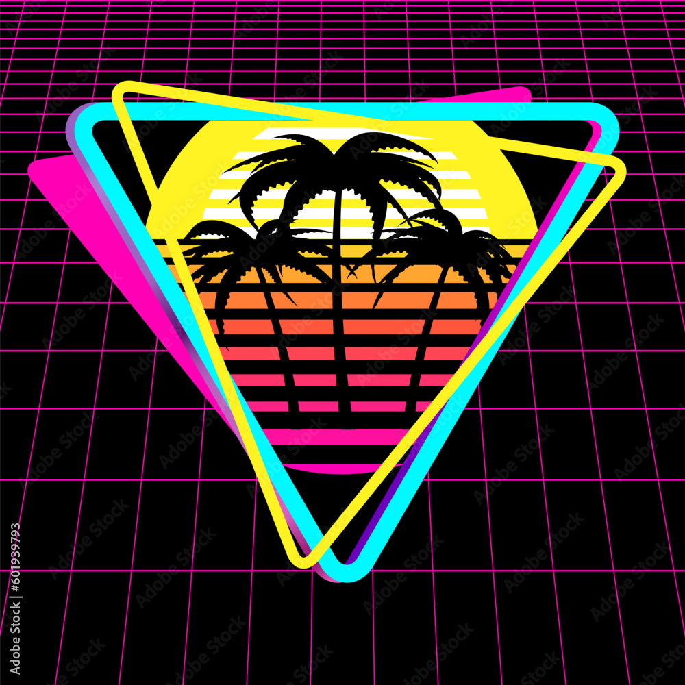 Triangle logo with palm trees silhouettes, cyber laser grid on black ...