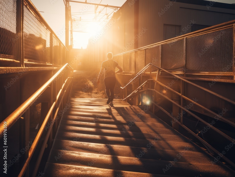 Backlit shot of a jogger running down the metal stairs of an industrial ...