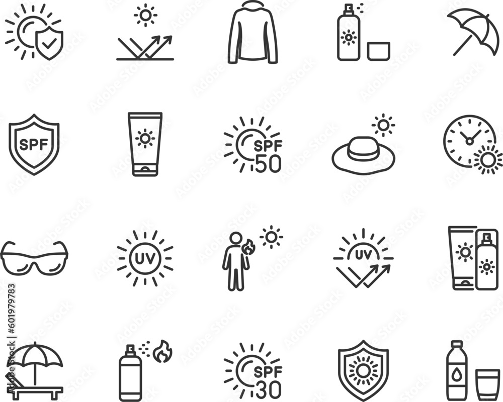 Vector set of sun protection line icons. Contains icons sunscreen ...