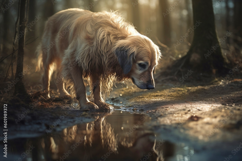 Dog standing in front of water puddle in forest. Concept for ...