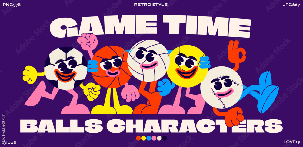 Game balls cartoon characters from the 90s. Tennis, basketball ...