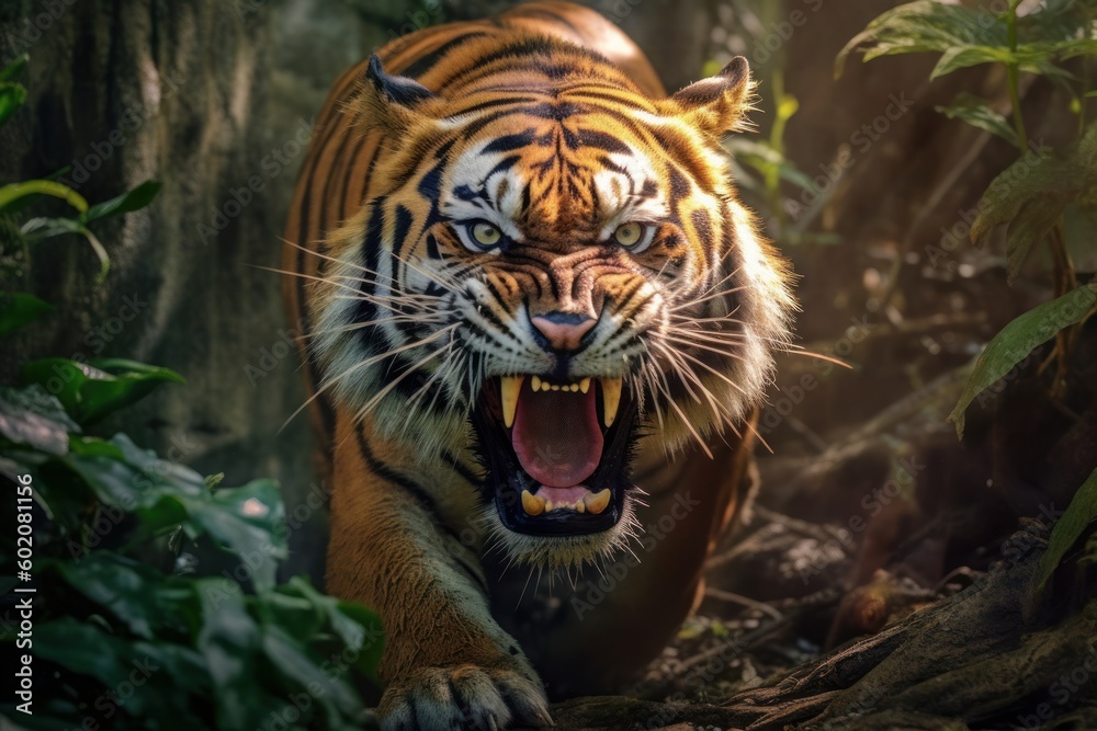 Fierce Tiger Roaring in the Jungle Stock Illustration | Adobe Stock