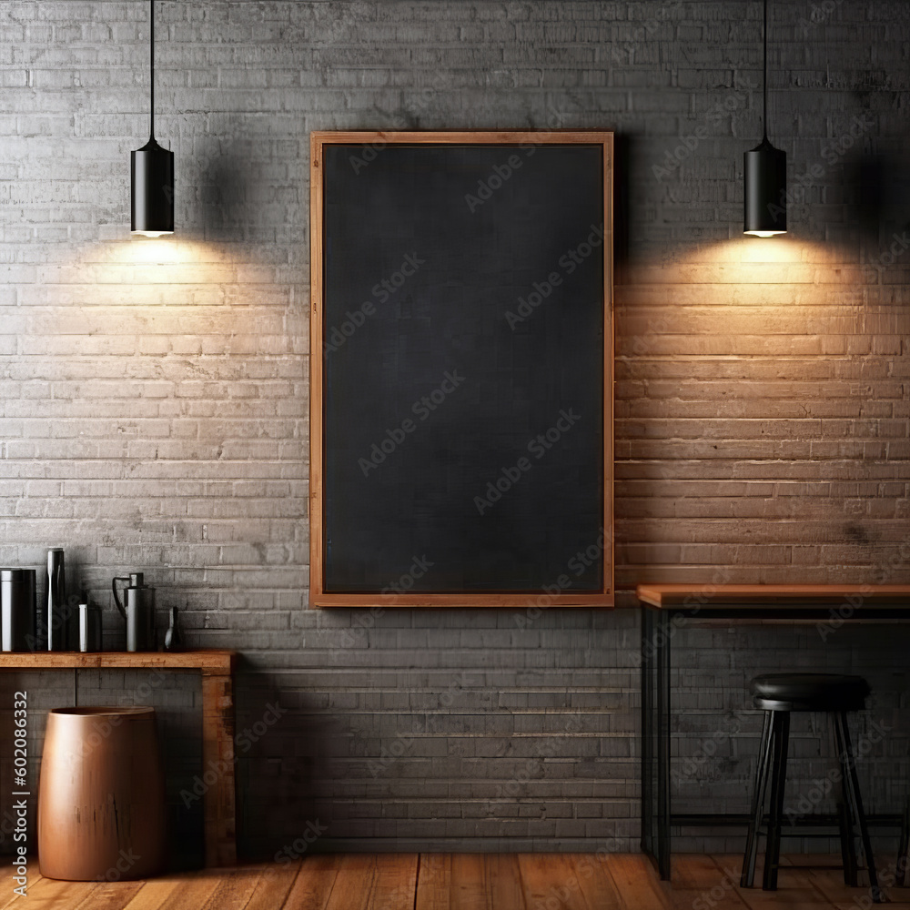 Front view blank black menu frame on brick wall with lamp in loft cafe ...