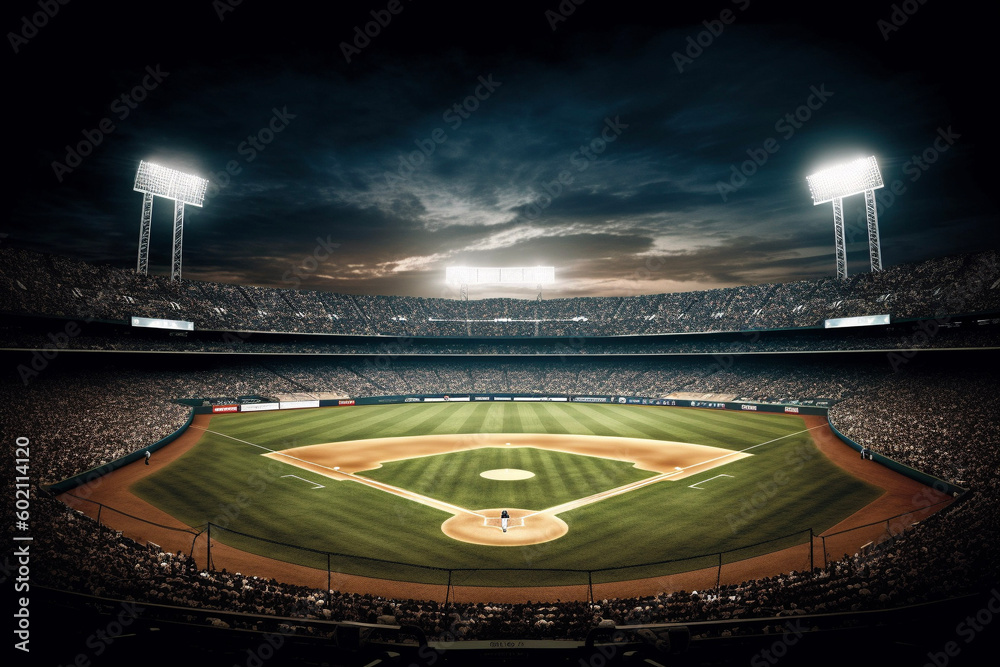 Ilustración de Stock Baseball Field at Night Moon Lights Stars Space Generative AI | Adobe Stock