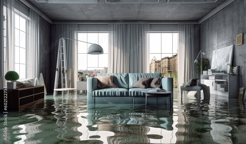 Water damager after flooding in basement with furniture floating ...
