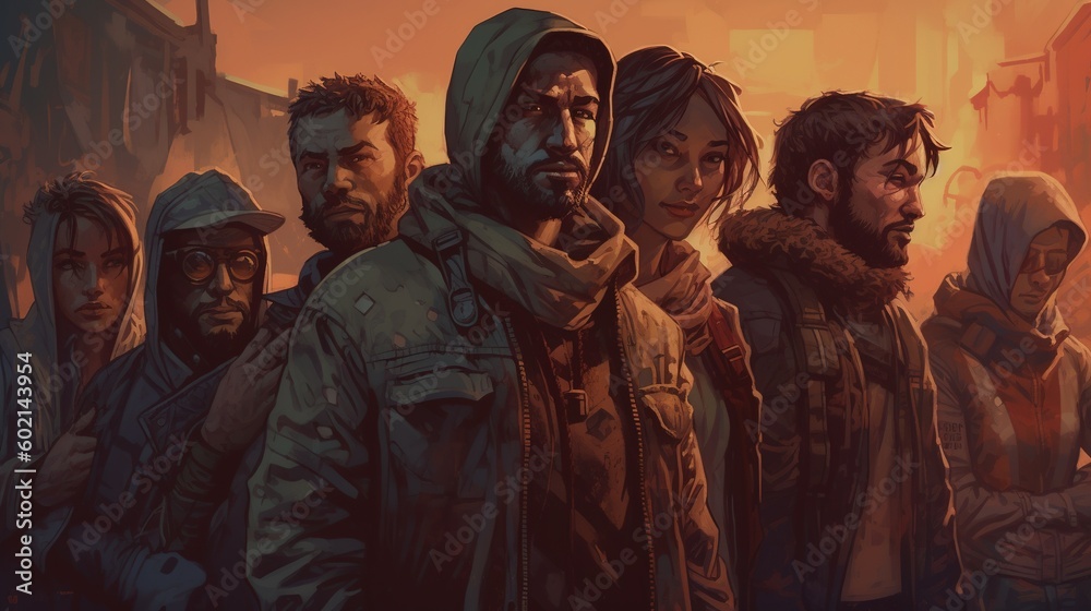 Ilustración de Stock Portrait of a post-apocalyptic survivor leading a ...