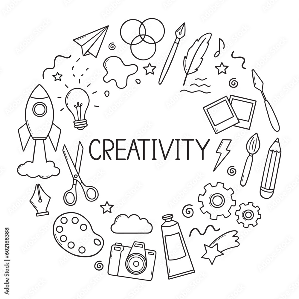 Creativity doodle set. Art in sketch style. Hand drawn vector ...