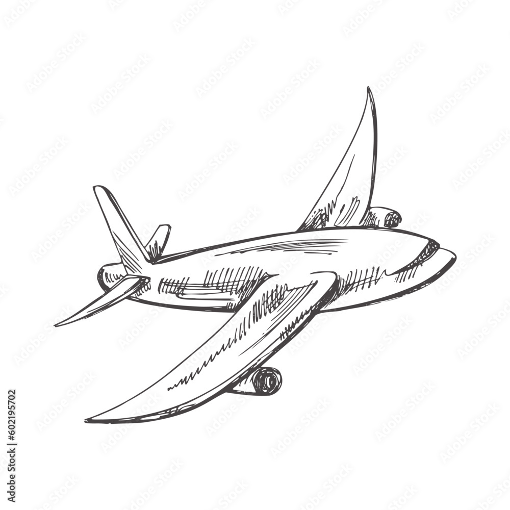 Hand drawn sketch of flying plane. Vintage vector illustration isolated ...