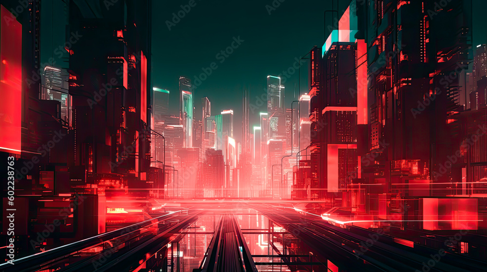 illuminated red Neon Futuristic Metaverse Skyscraper city, for ...