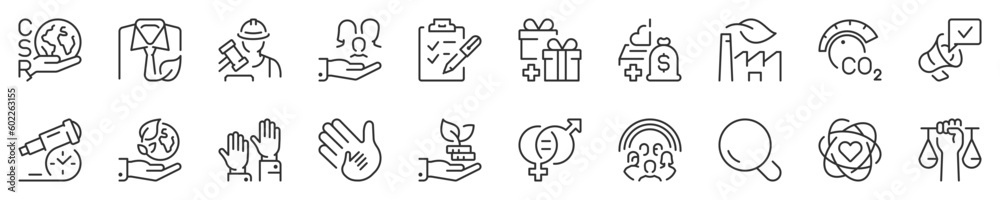 เวกเตอร์ Stock Line icons about corporate social responsibility, thin ...