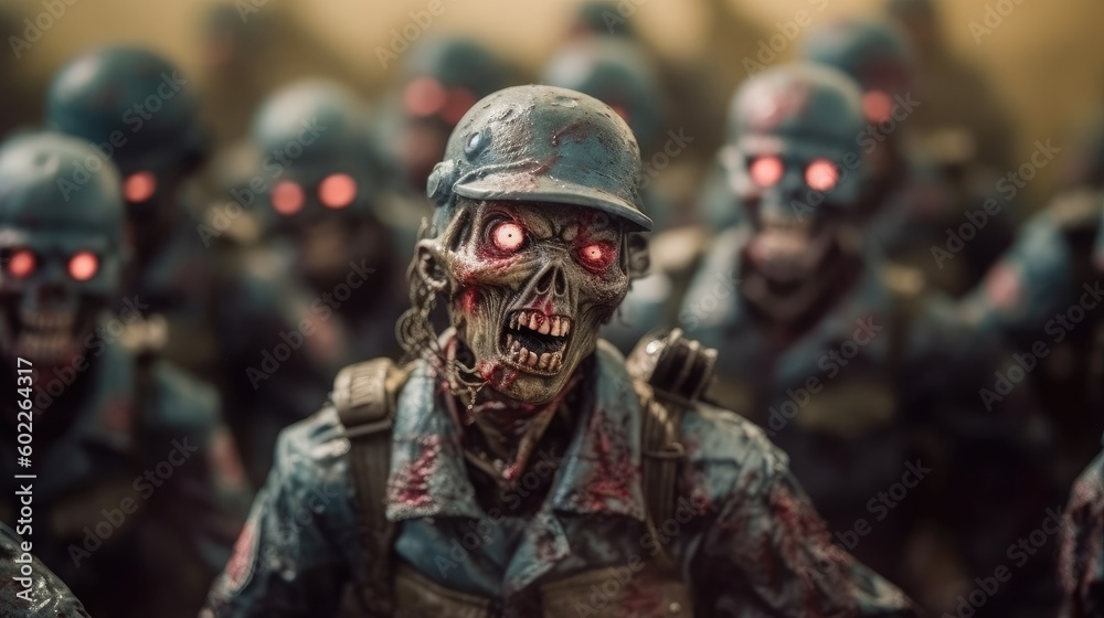 Illustration Stock Army of sinister zombies soldiers with angry laughing on explosions fire ...