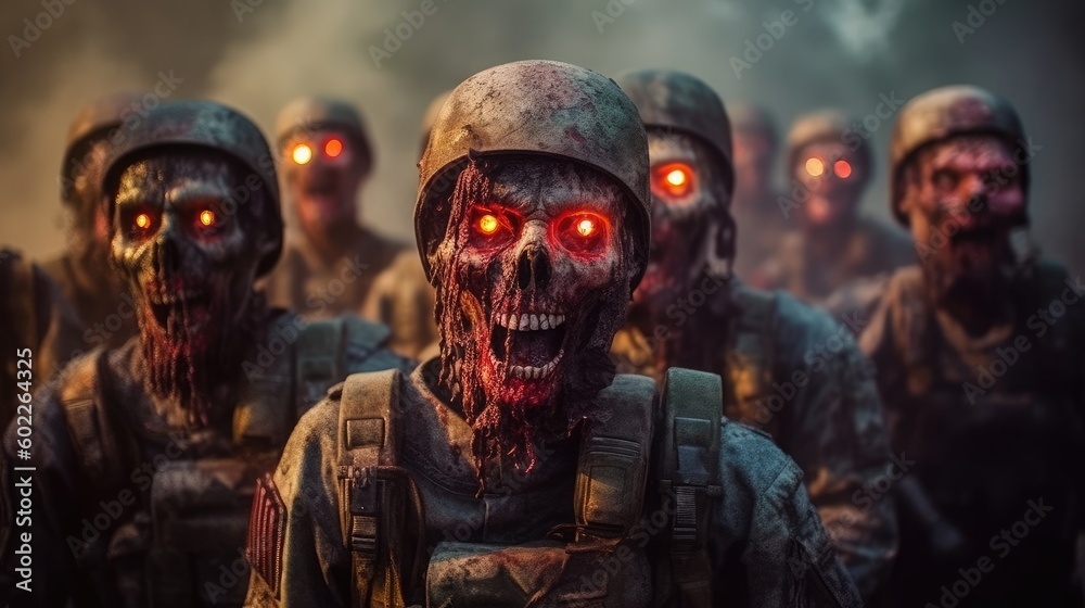 Illustration Stock Army of sinister zombies soldiers with angry ...