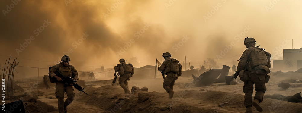 military special forces soldiers crosses destroyed warzone through fire ...