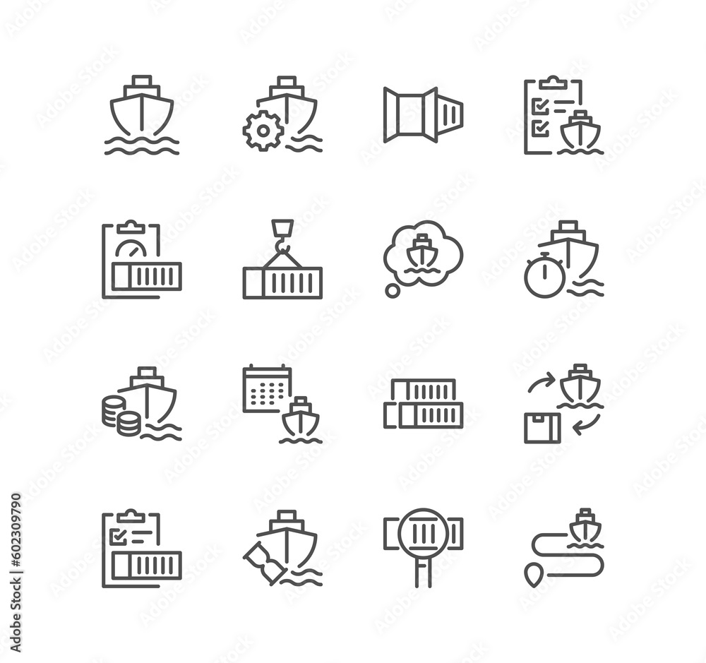 Set of logistics related icons, loading process, container, route, ship ...