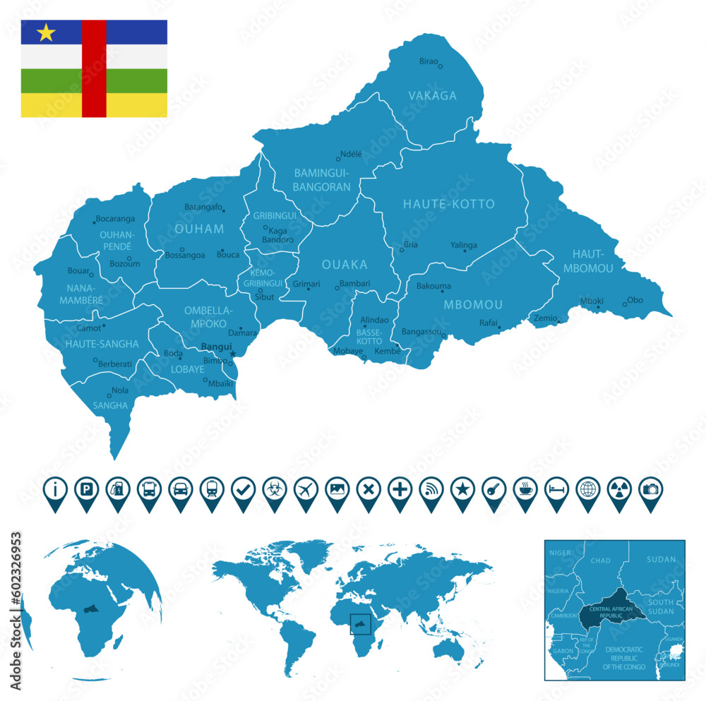 Central African Republic - detailed blue country map with cities ...
