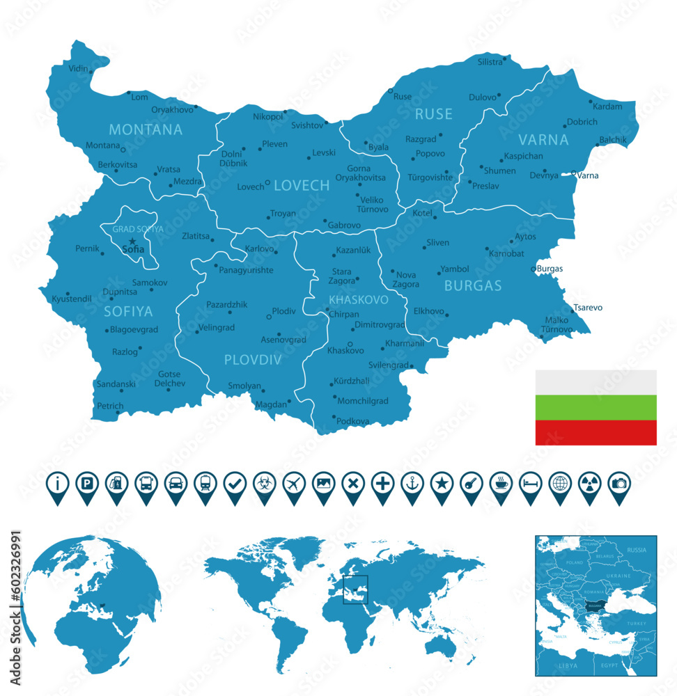Bulgaria - detailed blue country map with cities, regions, location on ...