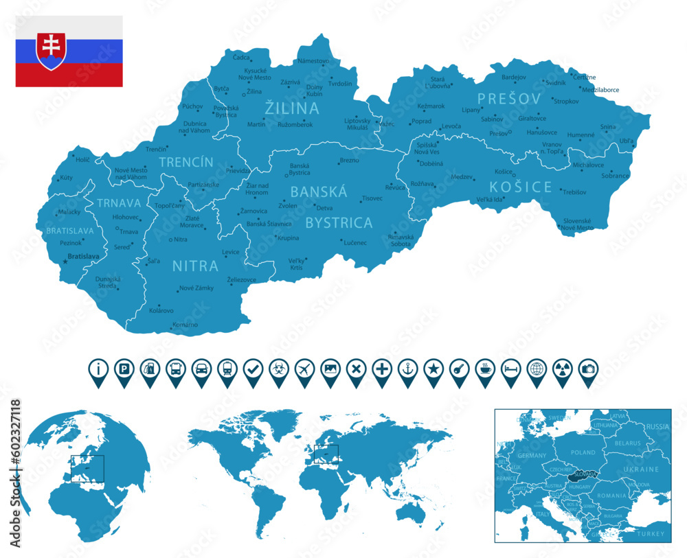Slovakia - detailed blue country map with cities, regions, location on ...