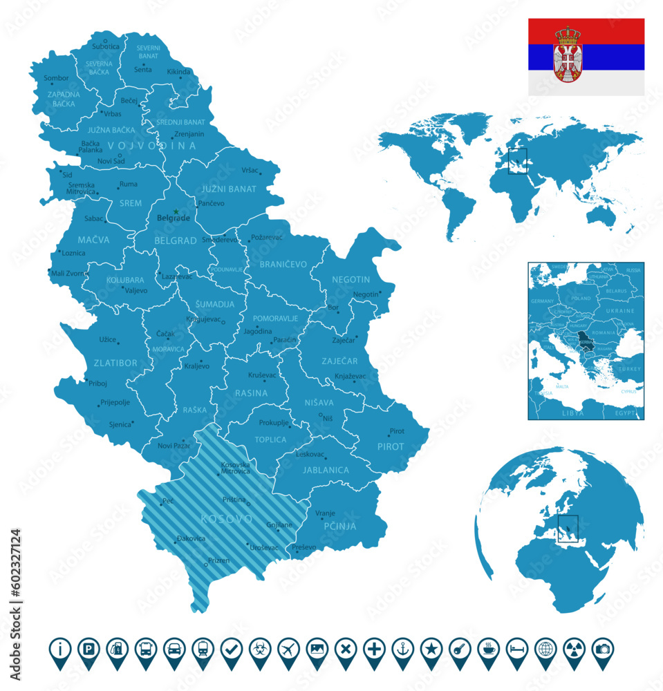 Serbia - detailed blue country map with cities, regions, location on ...