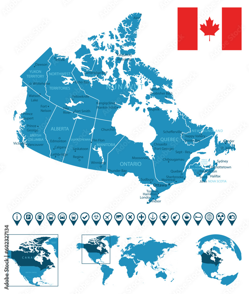 Canada - detailed blue country map with cities, regions, location on ...
