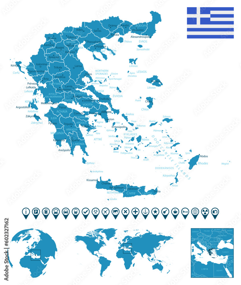 Greece - detailed blue country map with cities, regions, location on ...