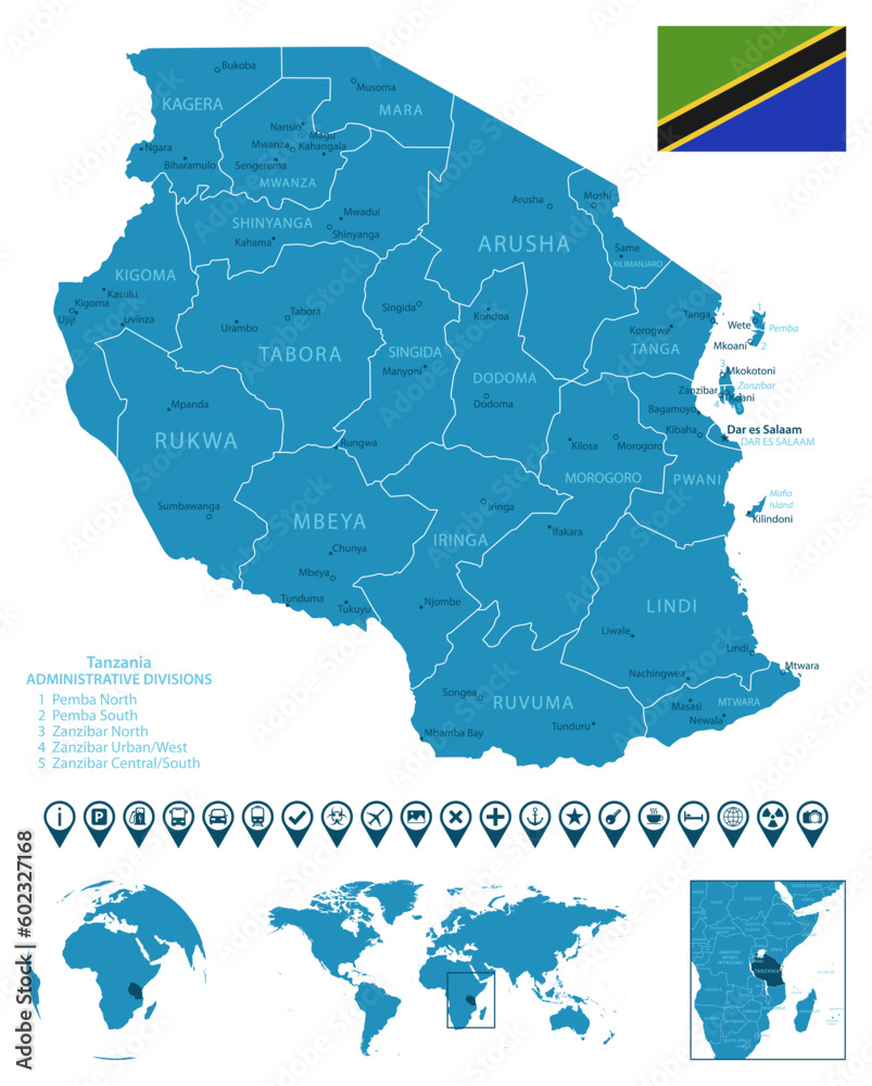Tanzania - detailed blue country map with cities, regions, location on world map and globe ...