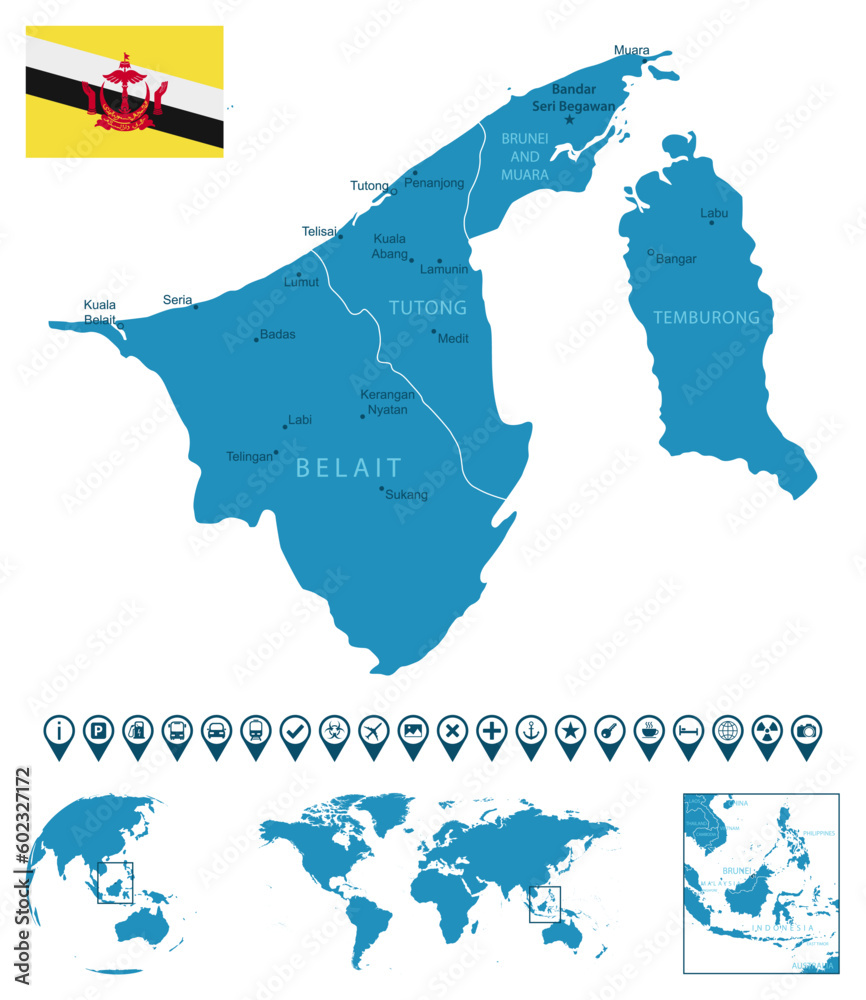 Brunei - detailed blue country map with cities, regions, location on ...