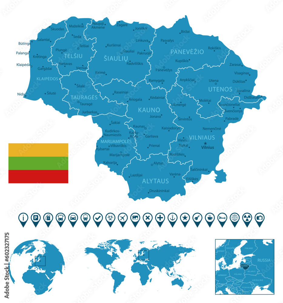 Lithuania - detailed blue country map with cities, regions, location on ...