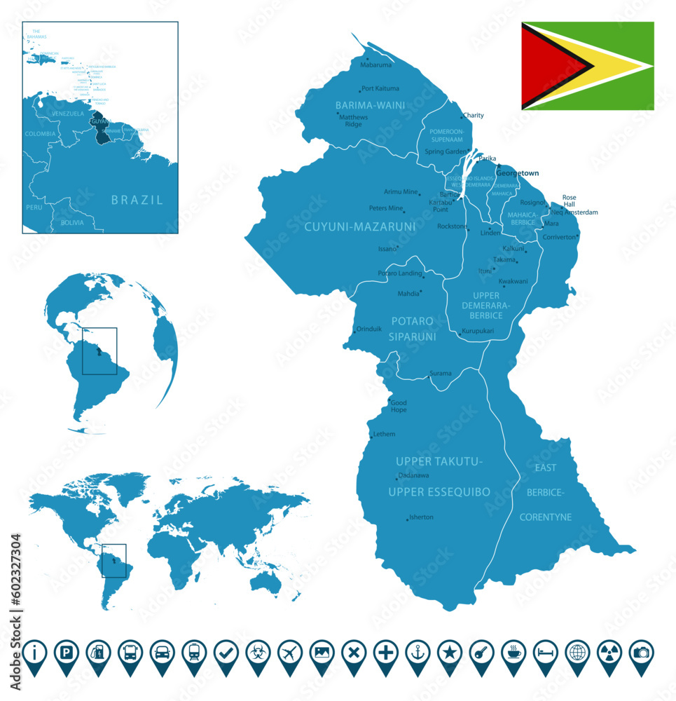 Guyana - detailed blue country map with cities, regions, location on world map and globe ...