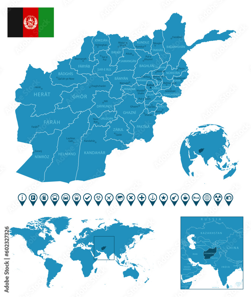 Afghanistan - detailed blue country map with cities, regions, location ...
