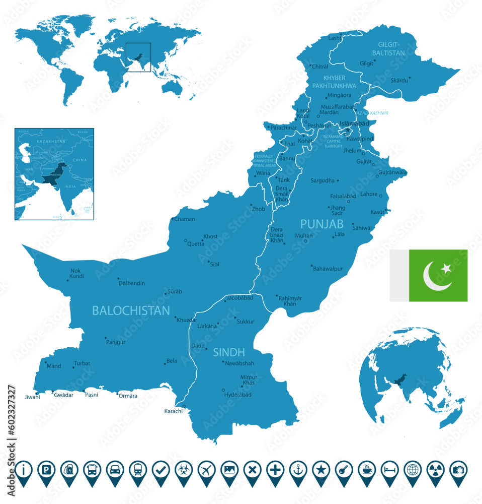Pakistan - detailed blue country map with cities, regions, location on ...